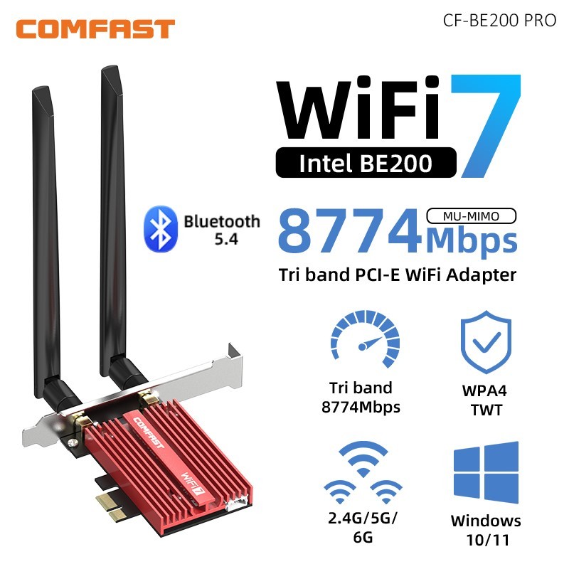 COMFAST 8774Mbps WiFi 7 Intel BE200 PCI-E Network Card Bluetooth 5.4 Tri Band BE200NGW Chip 802 ...
