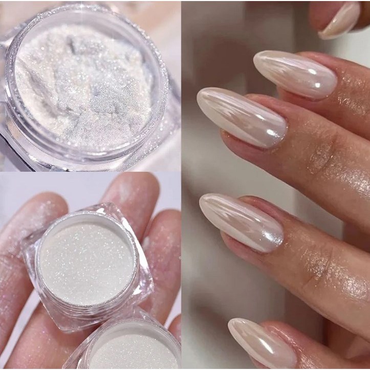 Aurora Pearl White Nails Glitter Dust Chrome Moonlight White Rubbing on ...