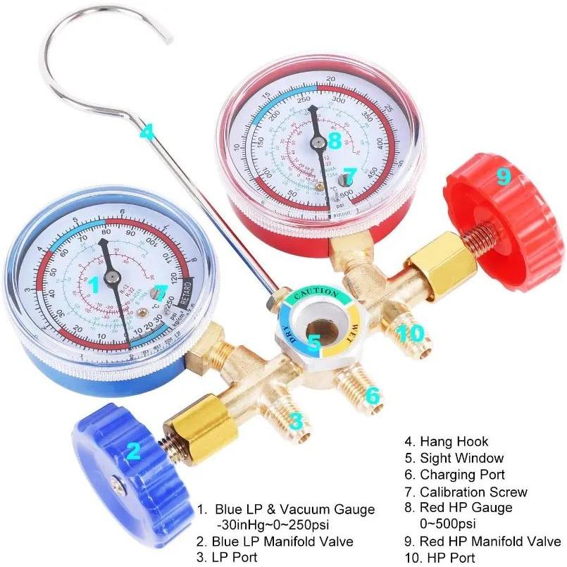 Refrigerant Manifold Gauge Set Air Conditioning Tool with Hose and Hook ...