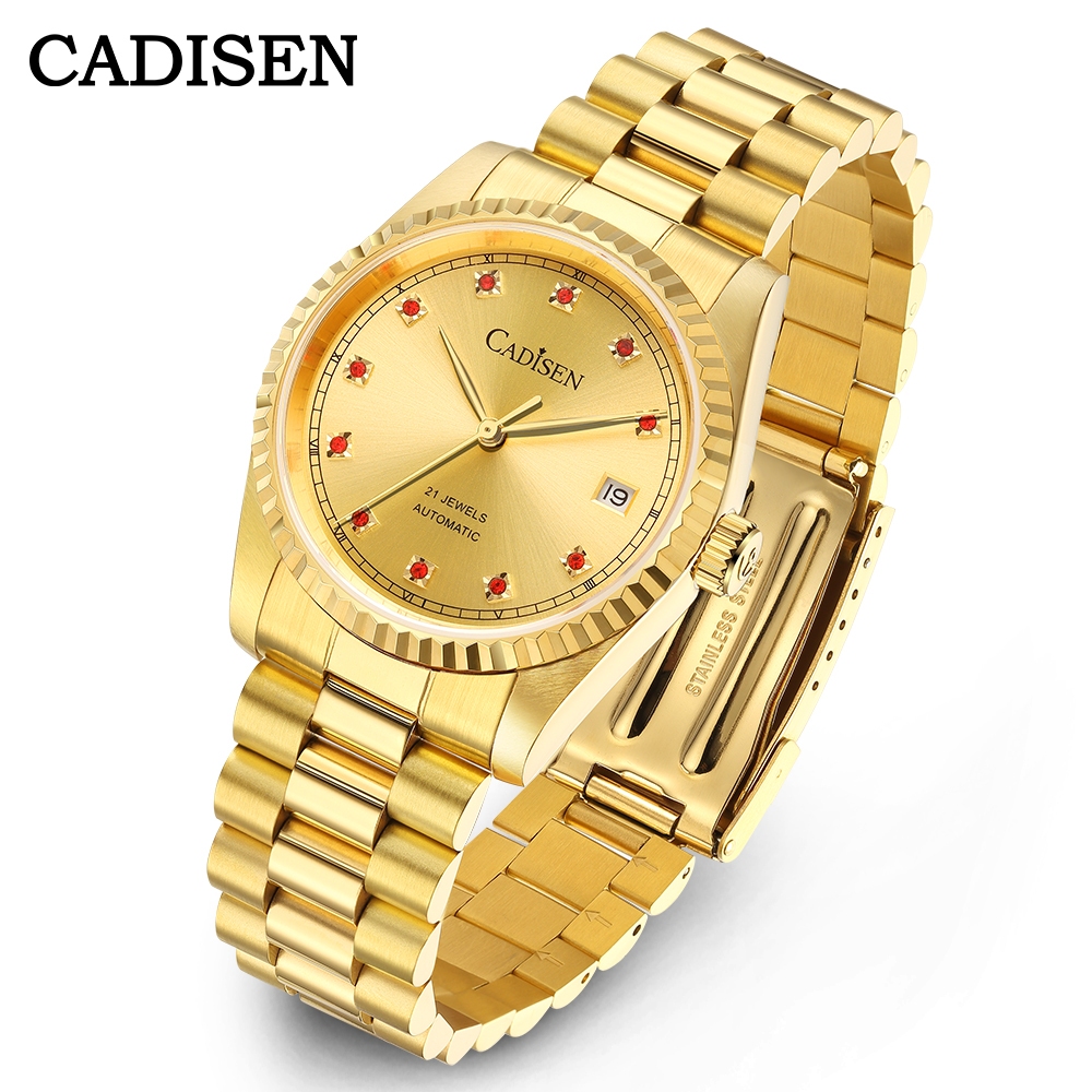 CADISEN Simple Men Watch 36mm Japan MIYOTA 8215 Luxury Gold Automatic Mechanical Stainless Steel ...
