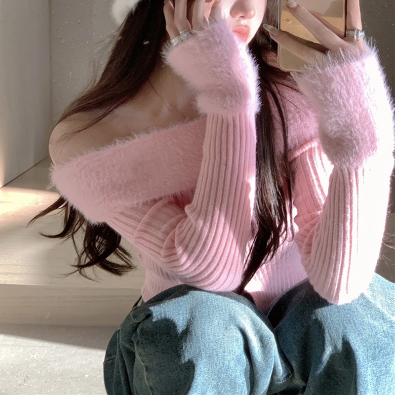 2024 Winter Plush Spliced Off Shoulder Long Sleeve Top Pink Knit Crap ...