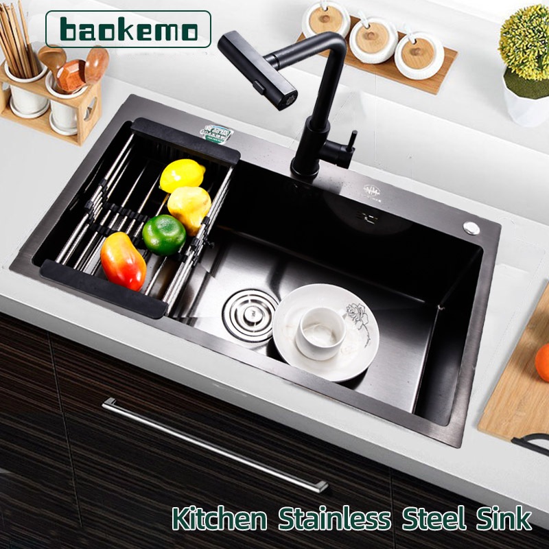 BAOKEMO black 304 stainless steel thickened kitchen sink large single ...