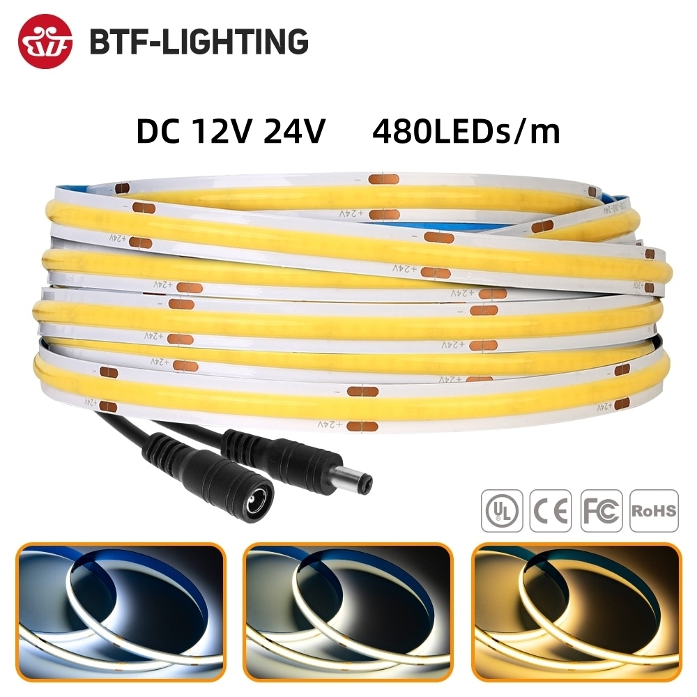 BTF-LIGHTING COB LED Strip DC 12V/24V 480LEDs/m Flexible High Density ...