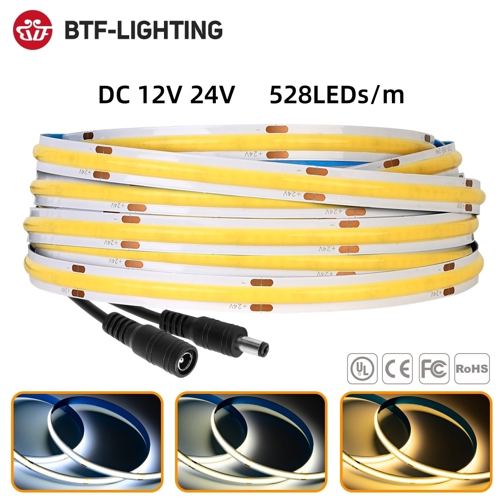 BTF-LIGHTING COB LED Strip DC 12V/24V 528LEDs/m Flexible High Density ...