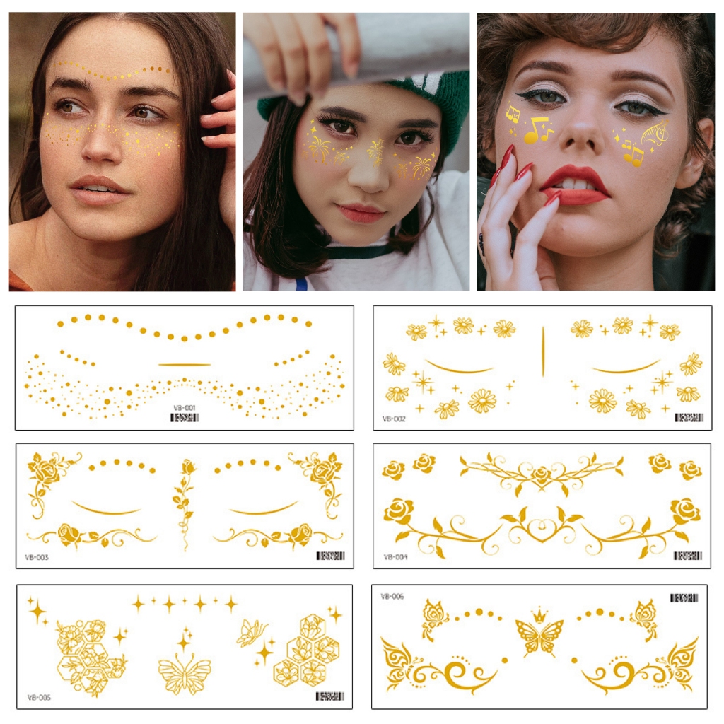 Face Tattoo Sticker Temporary Tattoo Waterproof Girls Glitter Gold ...