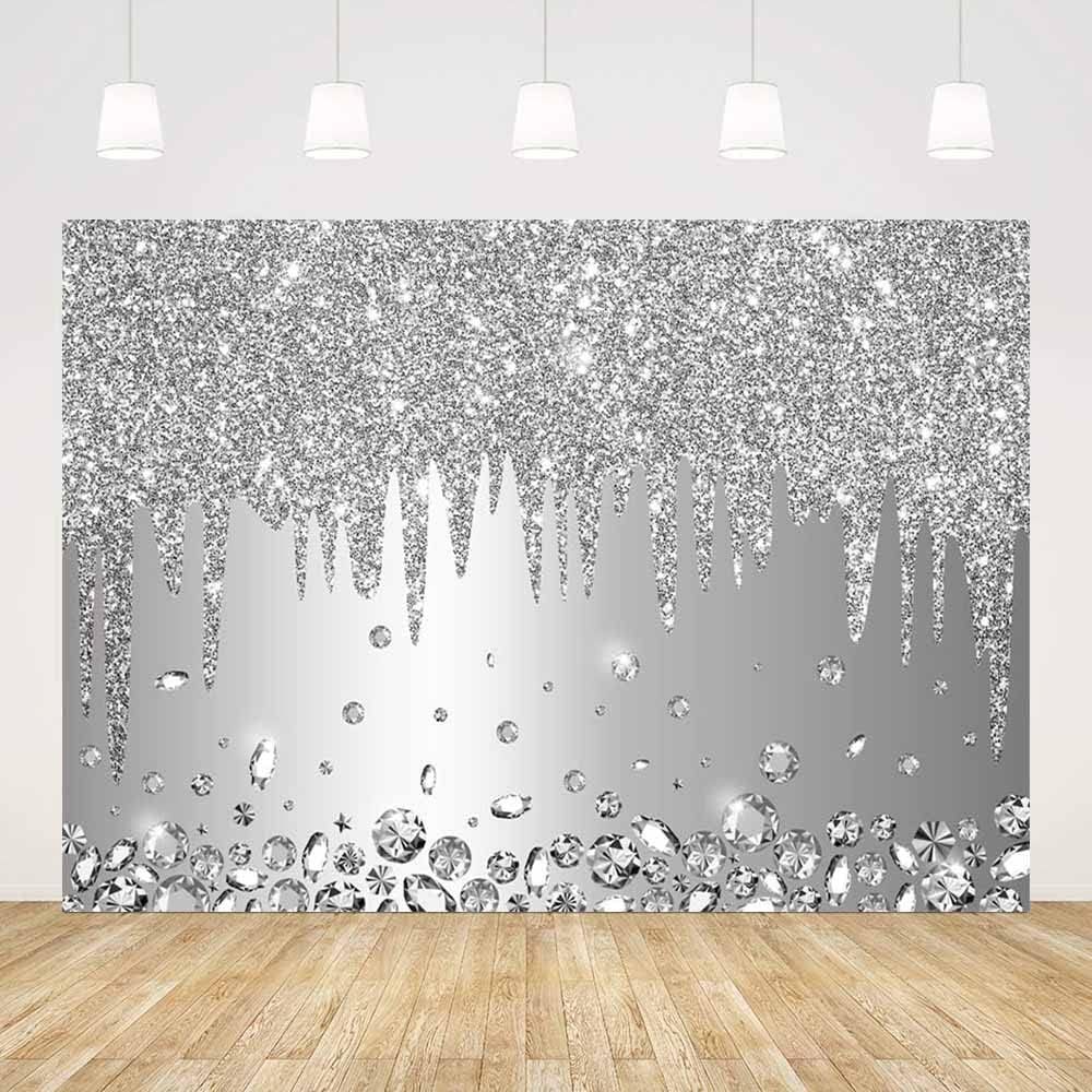 7x5ft Silver Backdrop Dripping Glitter Crystal Diamond Silver Happy ...