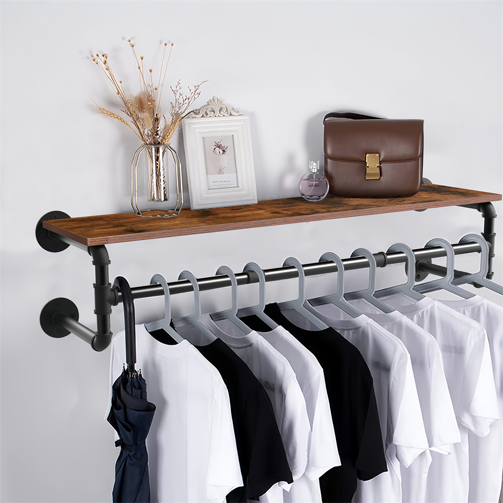 Industrial Pipe Wall Mounted Garment Rack with Top Shelf Hanging ...