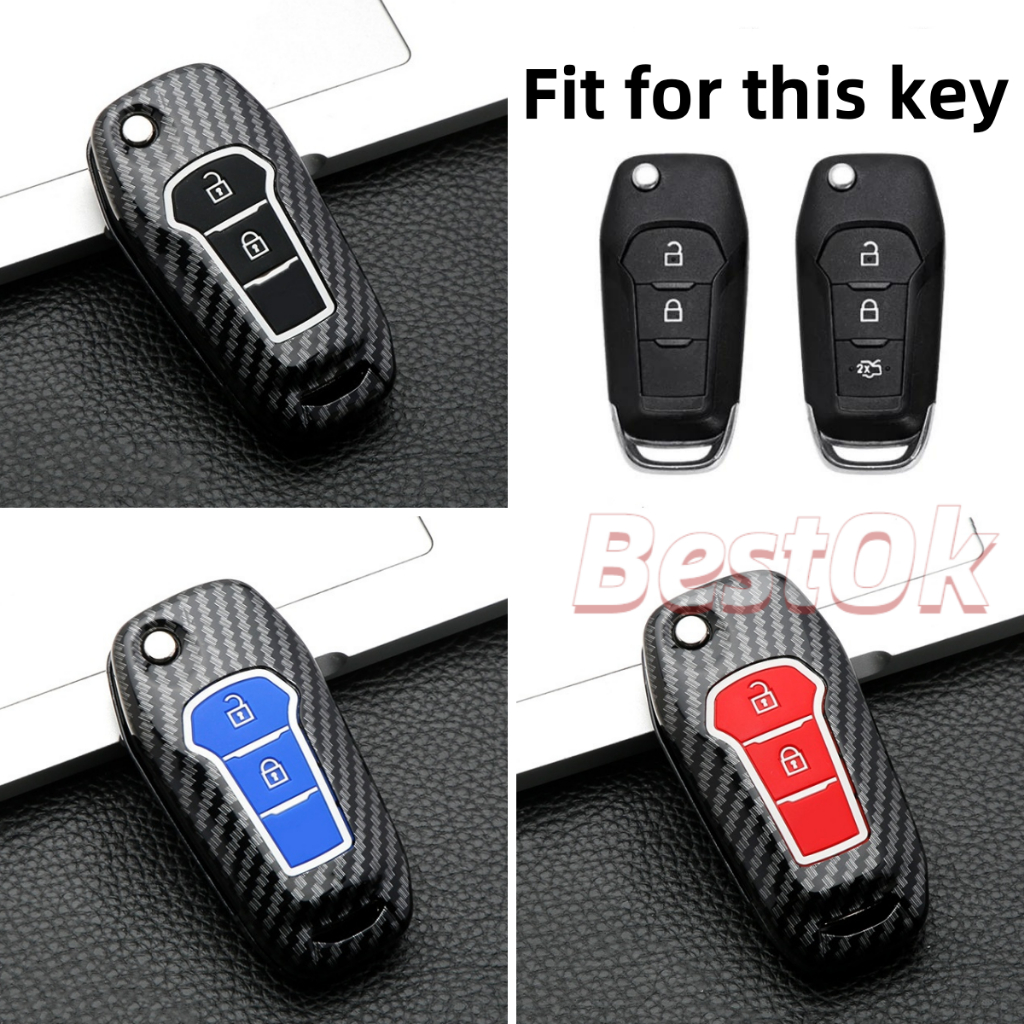 2/3 Buttons Carbon Fiber ABS Flip Car Key Cover Case with Keychain for ...