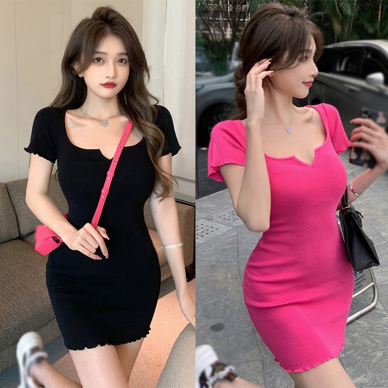Women's Dress Square Neck Sxey Ruched Ruffle Hem Dresses | Shopee ...
