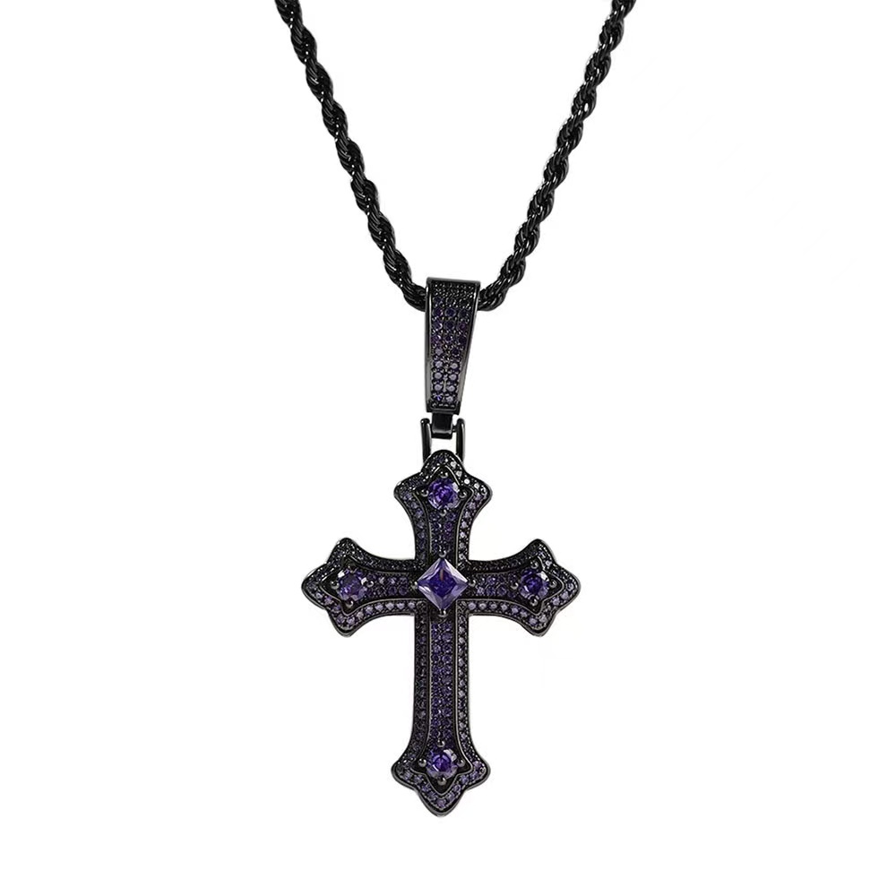 GOLD STAR Iced Out Zircon Black Cross Pendant Necklace Colorful Zircon ...
