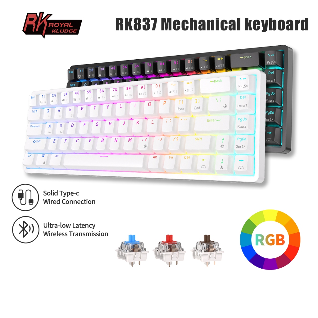 RK ROYAL KLUDGE RK837/G68 Hotswap 3 Mode Mechanical Mini Wireless Keyboard With 60 Percent RGB ...