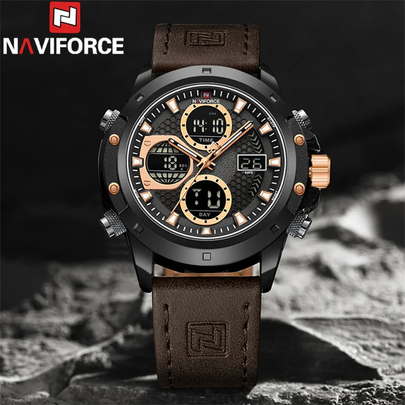 NAVIFORCE Wacth Luxury Leather Quartz Men's Watch Men LED Digital ...