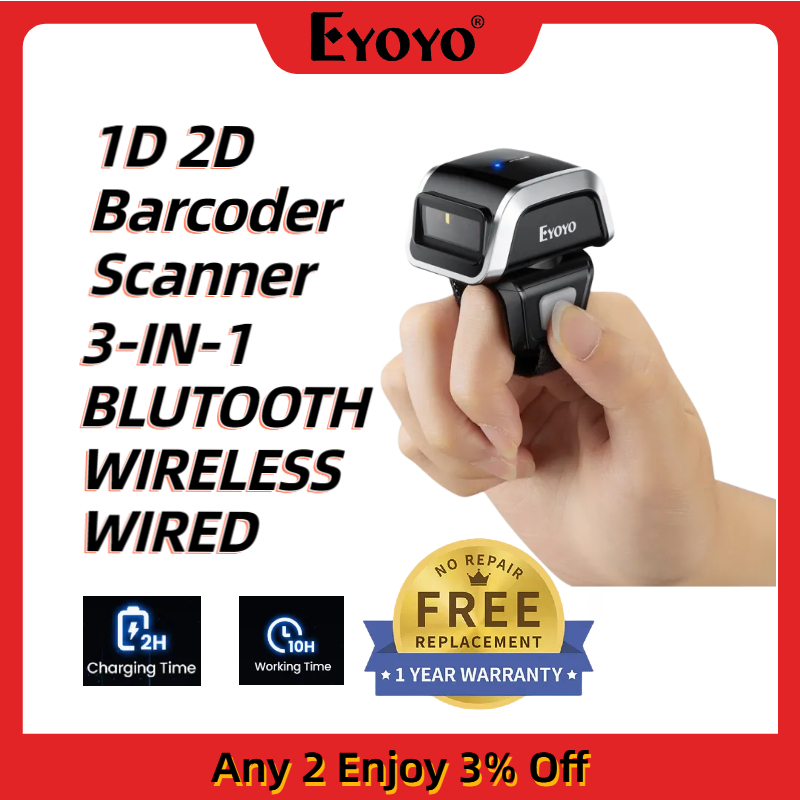 Eyoyo Wireless 2.4G Finger Scanner Barcode 1D 2D Mini Portable Wearable ...