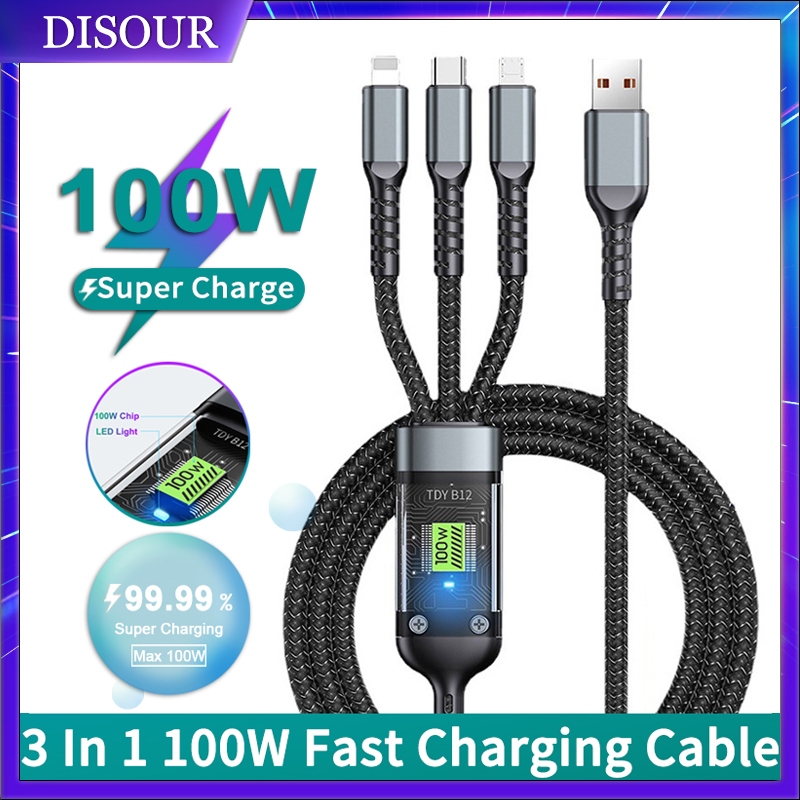 Braided data cable 3 in 1 fast charging 6A 100W super fast charging one ...