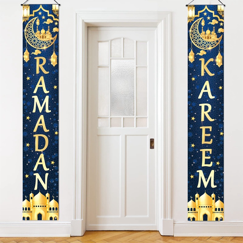 2pcs Eid Mubarak Door Curtain hari raya Black Blue Polyeter Door Banner ...