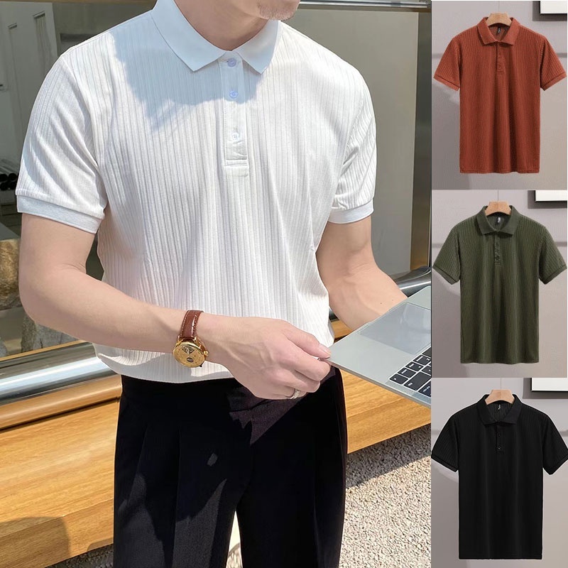 Korean Style Striped Texture Short Sleeve Polo Shirt For Men Khaki ...