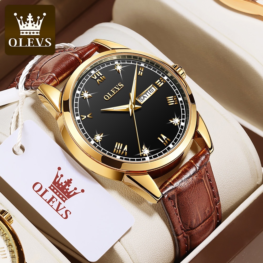 Olevs Watch For Men Leather Original Waterproof Relo Quartz Luminous ...
