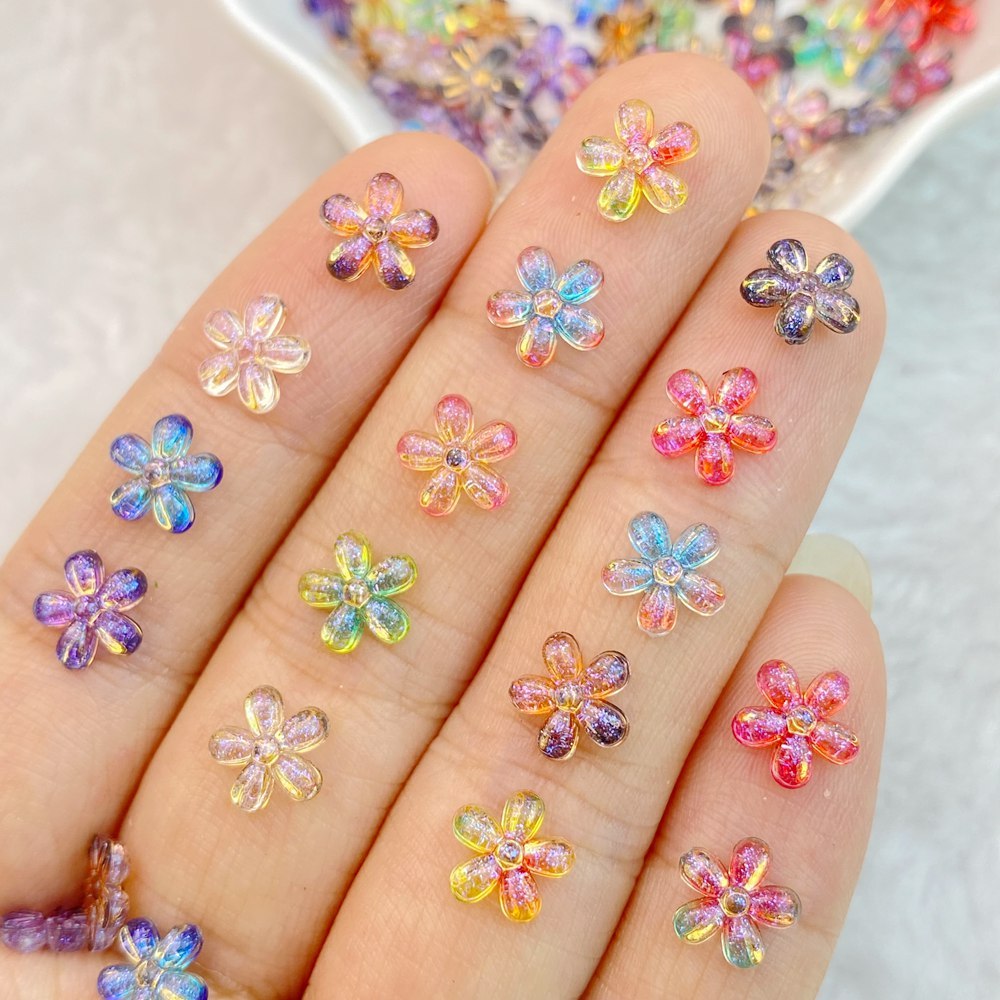50 Pieces 7mm Shiny Resin 3D Colorful Mini Flower Gems Flat Back Cherry ...