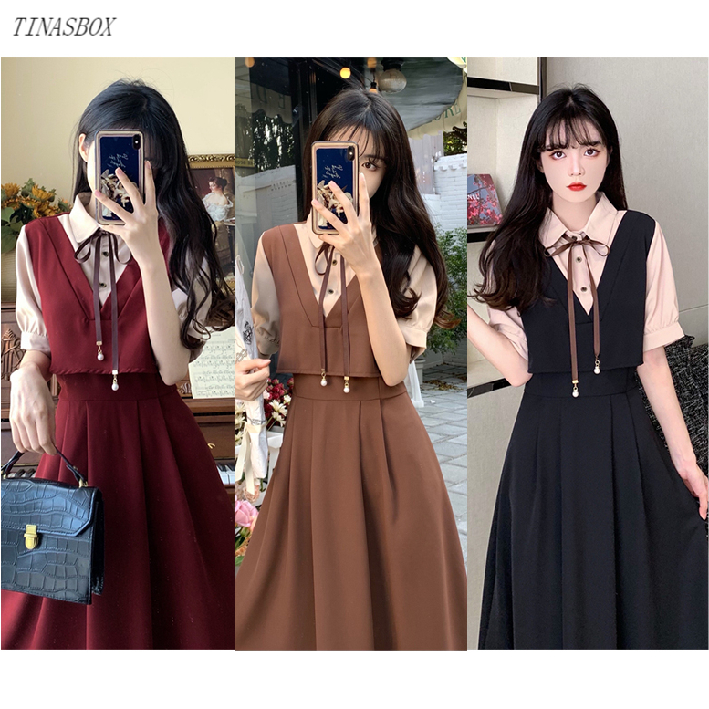 TINA Simple Large Size Suit High Waist Stitching False Two-Piece Dress Women's Summer Korean ...