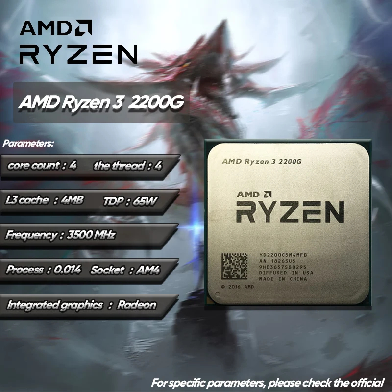 AMD Ryzen 3 2200G R3 2200G 3.5 GHz Quad-Core Quad-Thread CPU Processor YD2200C5M4MFB Socket AM4 ...