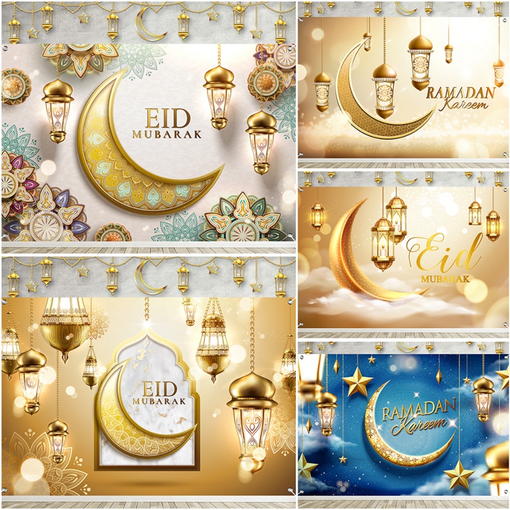 150*100CM Ramadan Kareem Backdrop Eid Mubarak Decorations Blue Gold ...