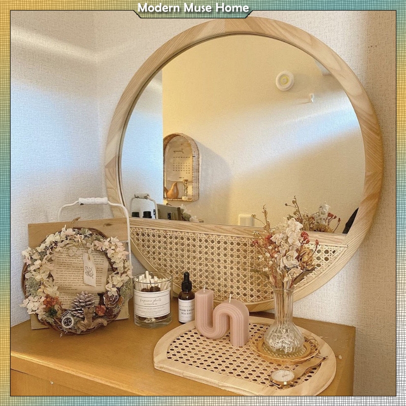 Free Shipping【Modern Muse Home】Ins Solid Wood Rattan Round Mirror Retro ...