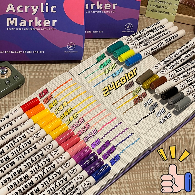 24 Colors Soft Tip Acrylic Marker Set Students Waterproof Painting ...