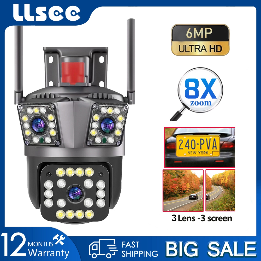 LLSEE 3 Lens Wireless CCTV Outdoor Camera 360 6MP PTZ CCTV WiFi Camera ...