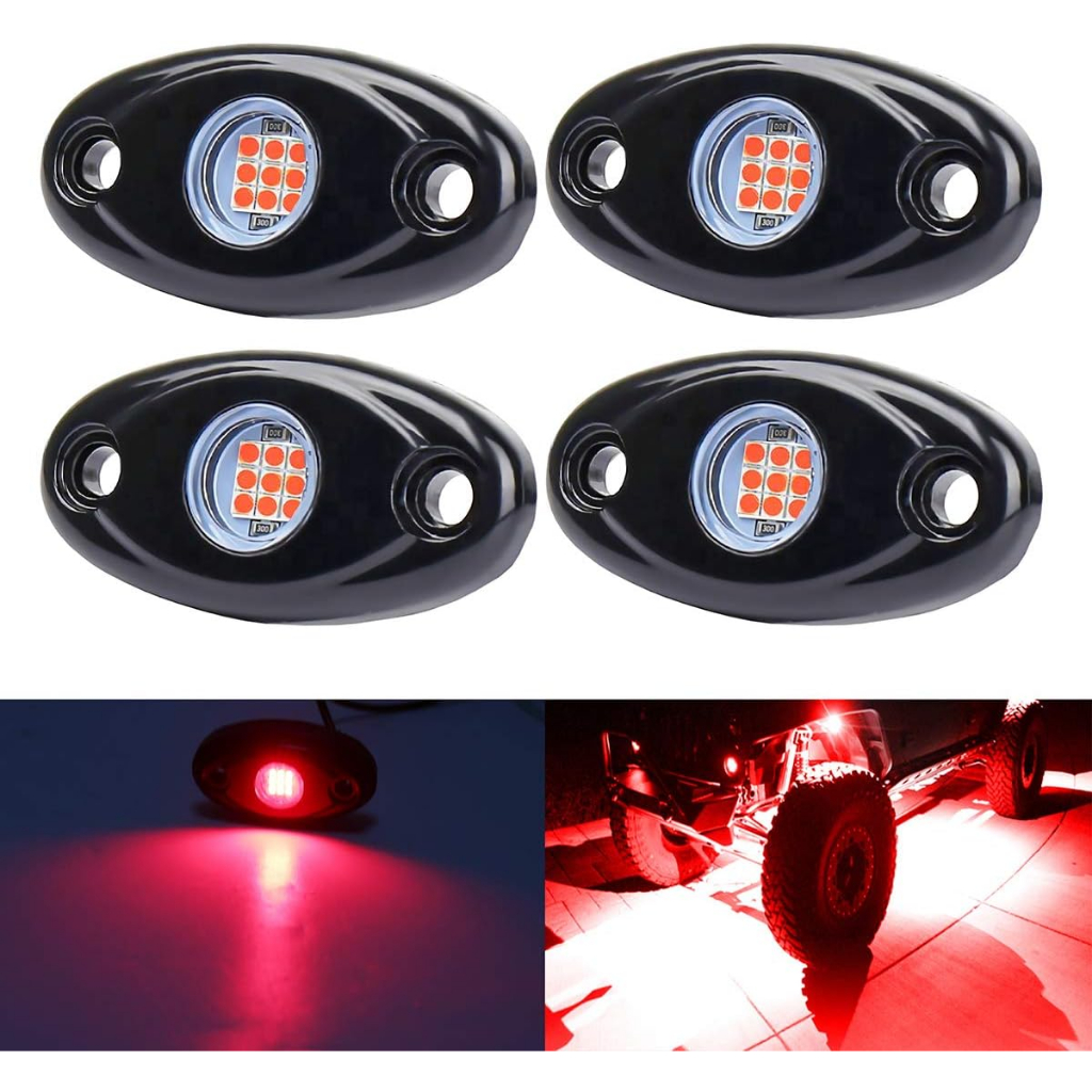 Red LED Rock Lights, 4 Pods Neon 12V Waterproof Underglow Underbody Kit ...