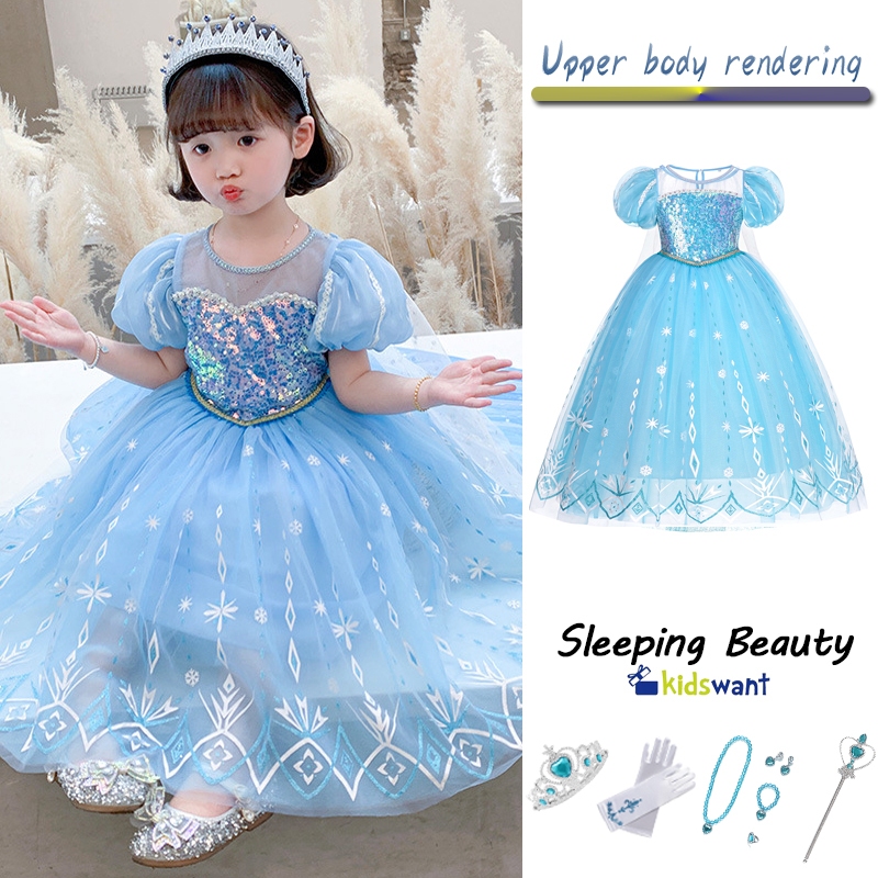 Frozen Elsa Crown Princess Dress Sequined Gloves Prom For Girl Children ...