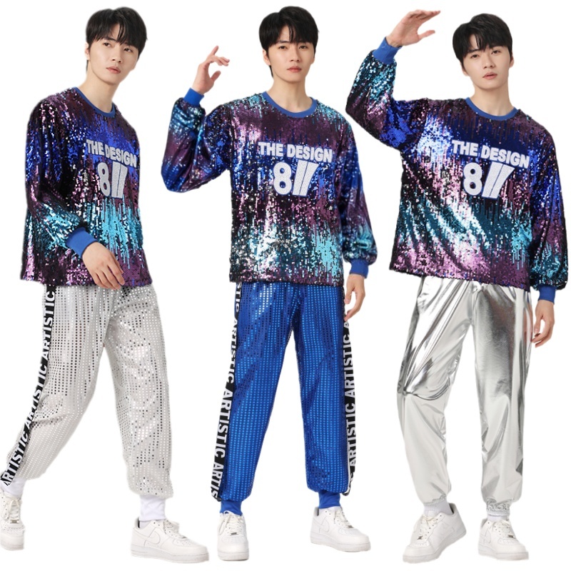 Men Shiny Sequined T-shirts Silver Pants Set Hip Hop Jazz Dance ...