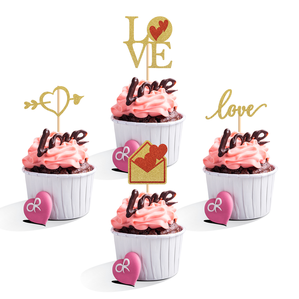 12 PCS Valentine’s Day Cupcake Toppers Glitter Gold & Red Love Heart ...