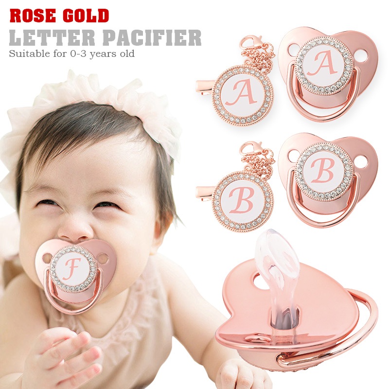 Pink Rose Gold Letter Baby Diamond Pacifier, with Fastener and Anti ...