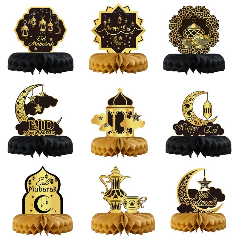 9pcs/set Eid Mubarak Honeycomb Ornaments White Gold Honeycomb Topper ...