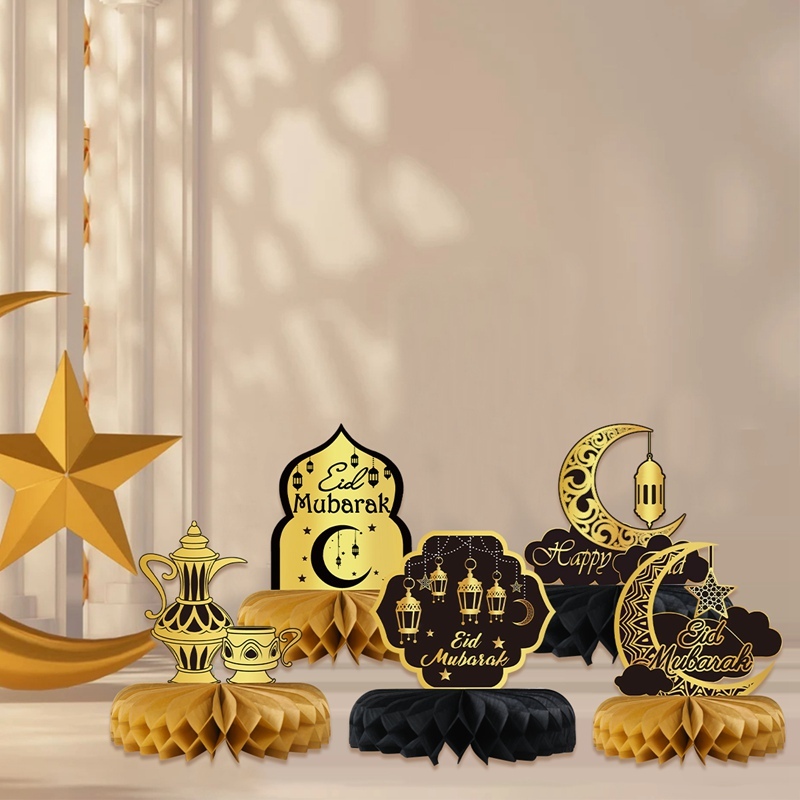 9pcs/set Happy Eid Decorations Eid Mubarak Honeycomb Ornaments 3D Black ...