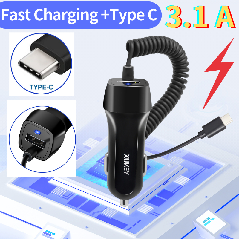3.1A Car Charger USB Type-C Fast Charging Splitter Socket Cigarette Lighter Plug Cable Adapter ...