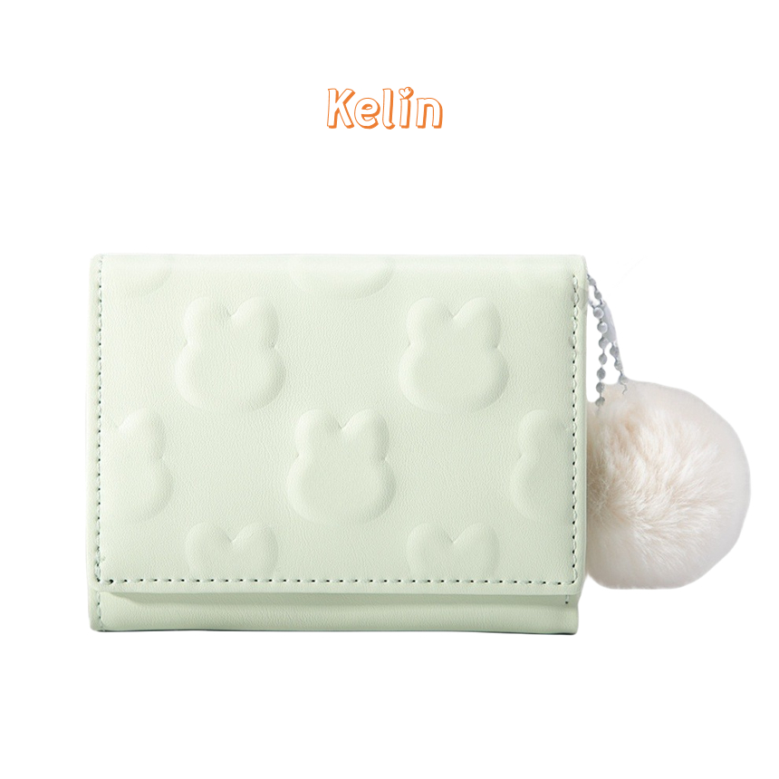 Bunny Print Pu Short Trifold Wallet Fluffy Ball Pendant Ladies Small ...