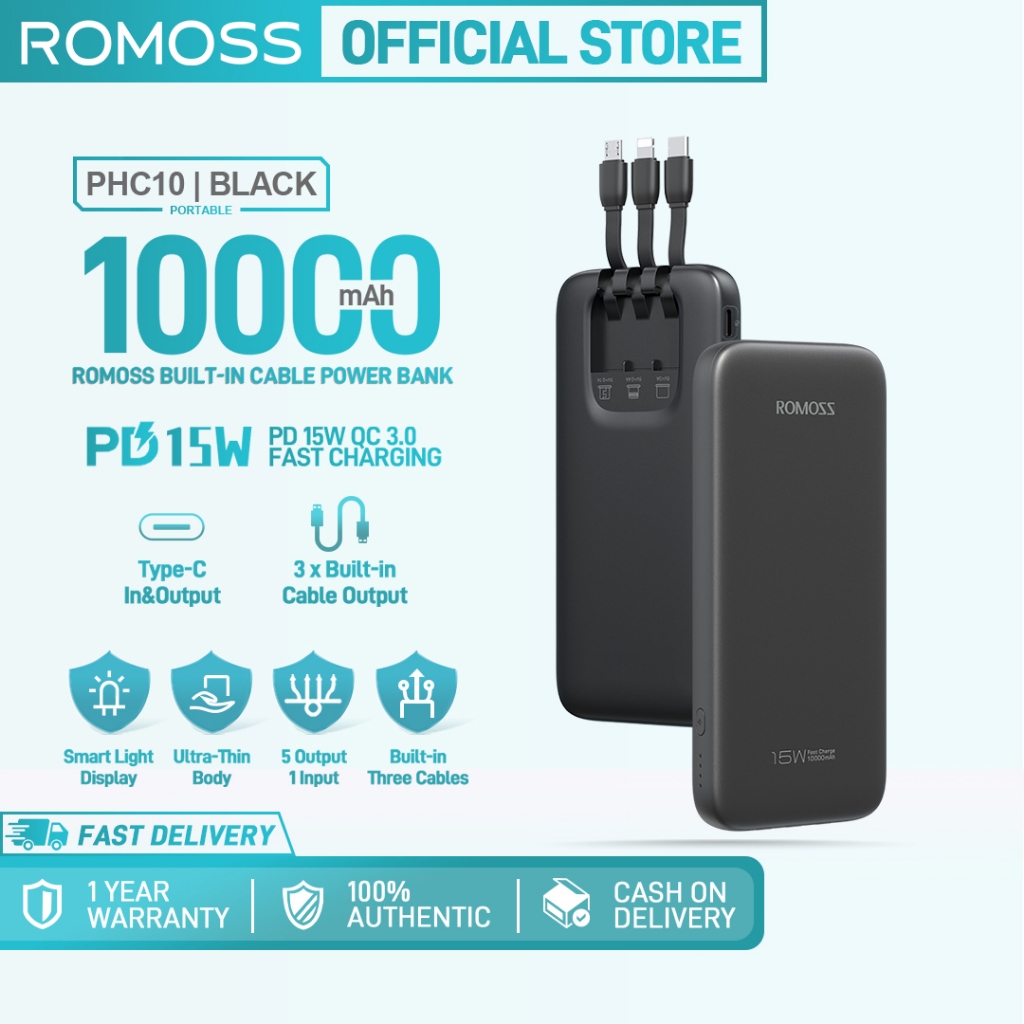 Romoss Phc10 10000mah Powerbank Built-in Cable 15W Fast Charging ...