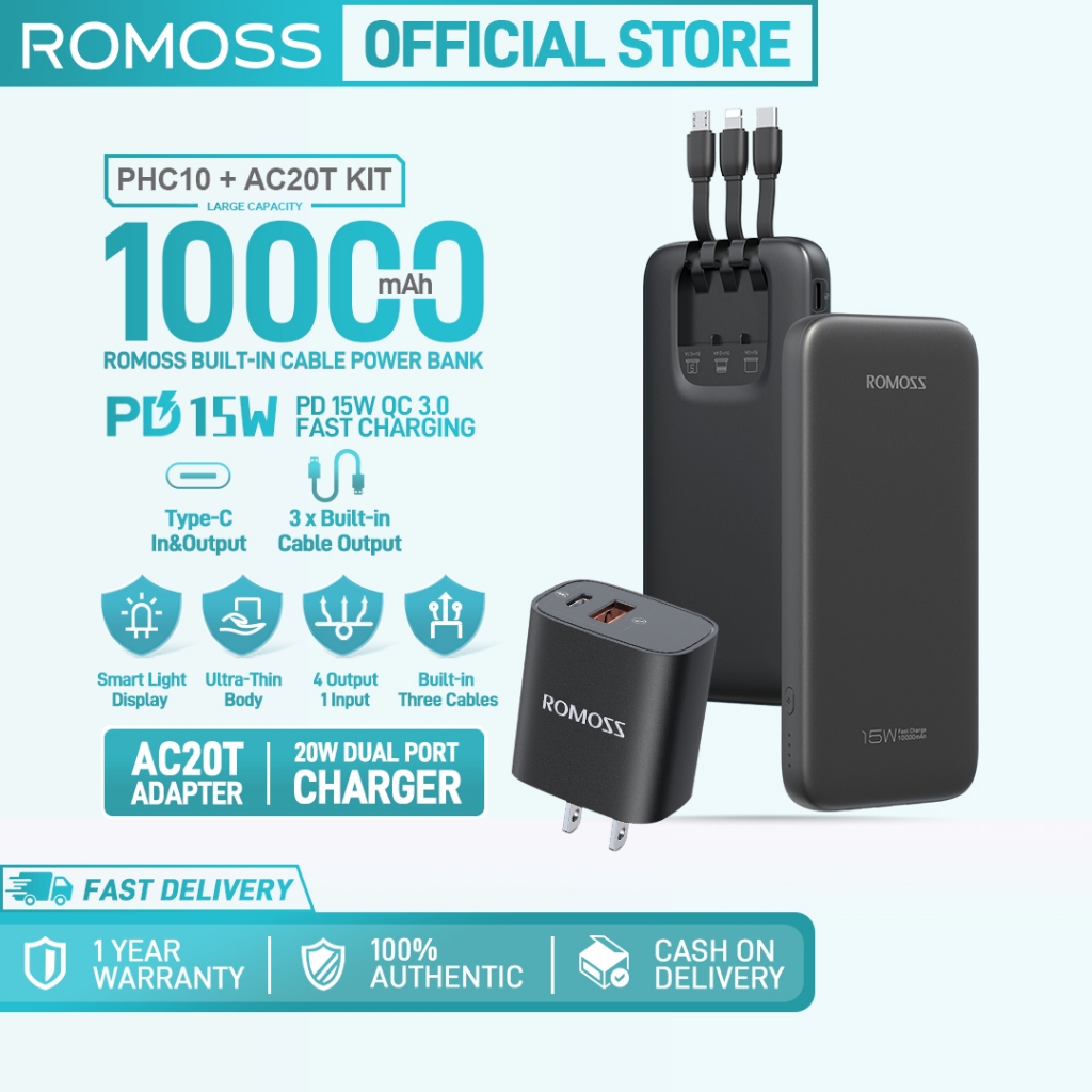 Romoss Phc10 10000mah Powerbank Built-in Cable 15W Fast Charging ...
