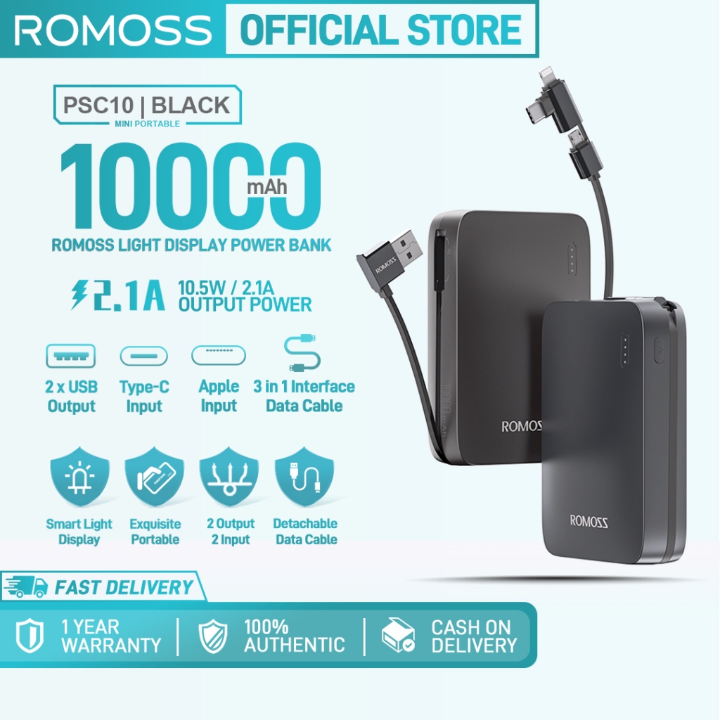 Romoss Psc10 10000mah Powerbank Built In Cable 2.1A Fast Charging Type ...