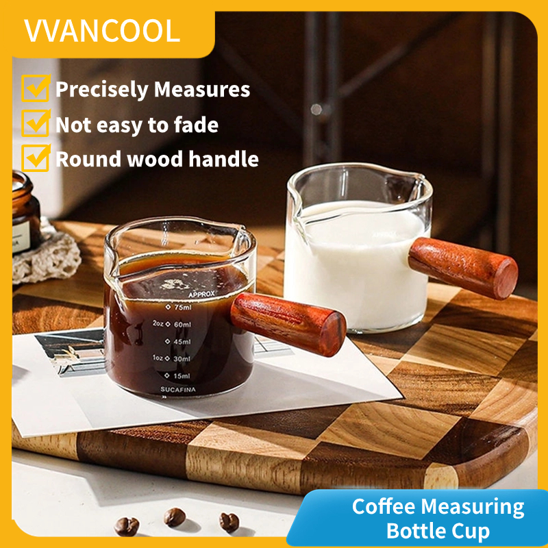 VVANCOOL 75ML Double Spouts Measuring Triple Pitcher Milk Cup Shot Glass with Wood Handle ...