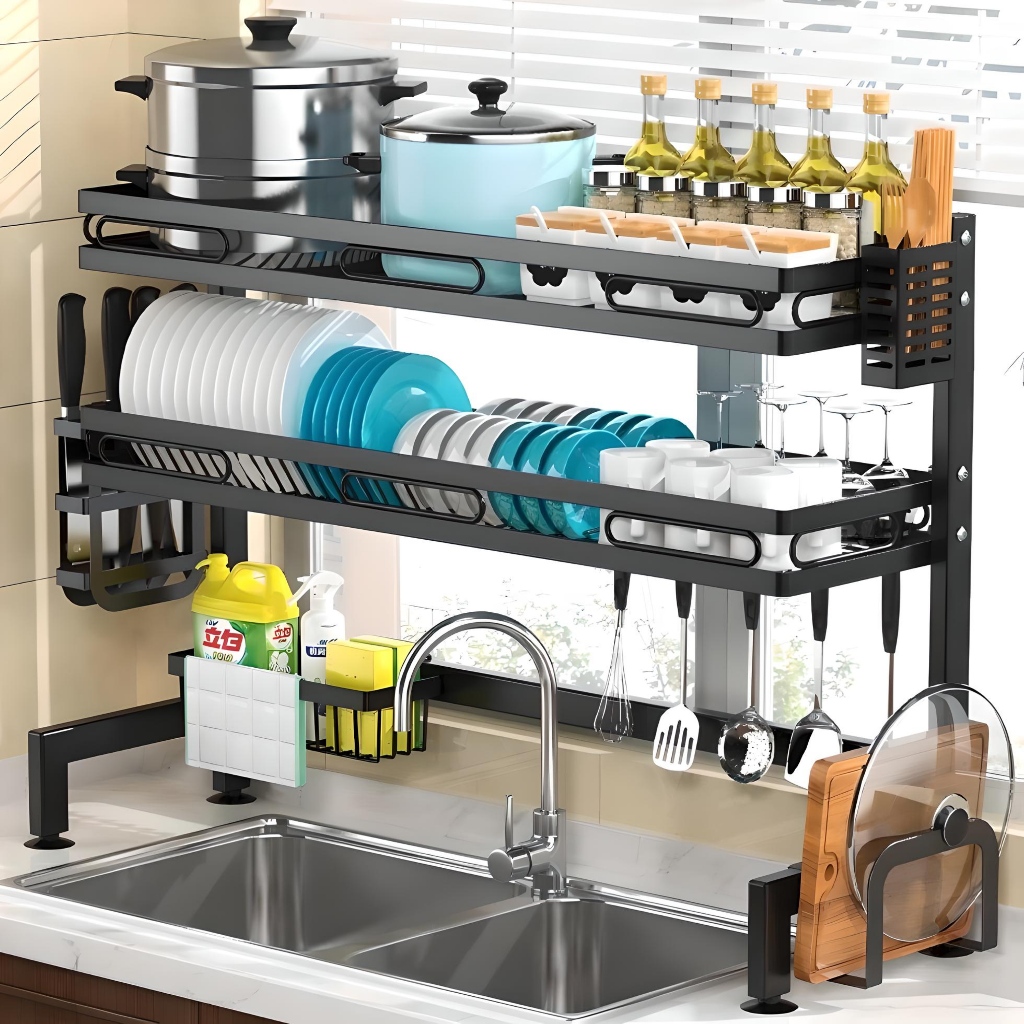2 Layers Kitchen Dish Drainer Rack Over Sink Stainless Plate Organzier