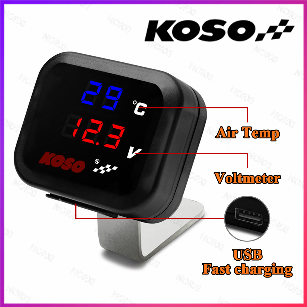 KOSO Motorcycle Voltmeter 3 IN 1 Temperature Meter Thermometer with Quick charging USB port Dual ...