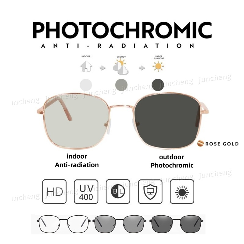 Photochromic Anti Radiation Glasses for women men Metal rectangular ...