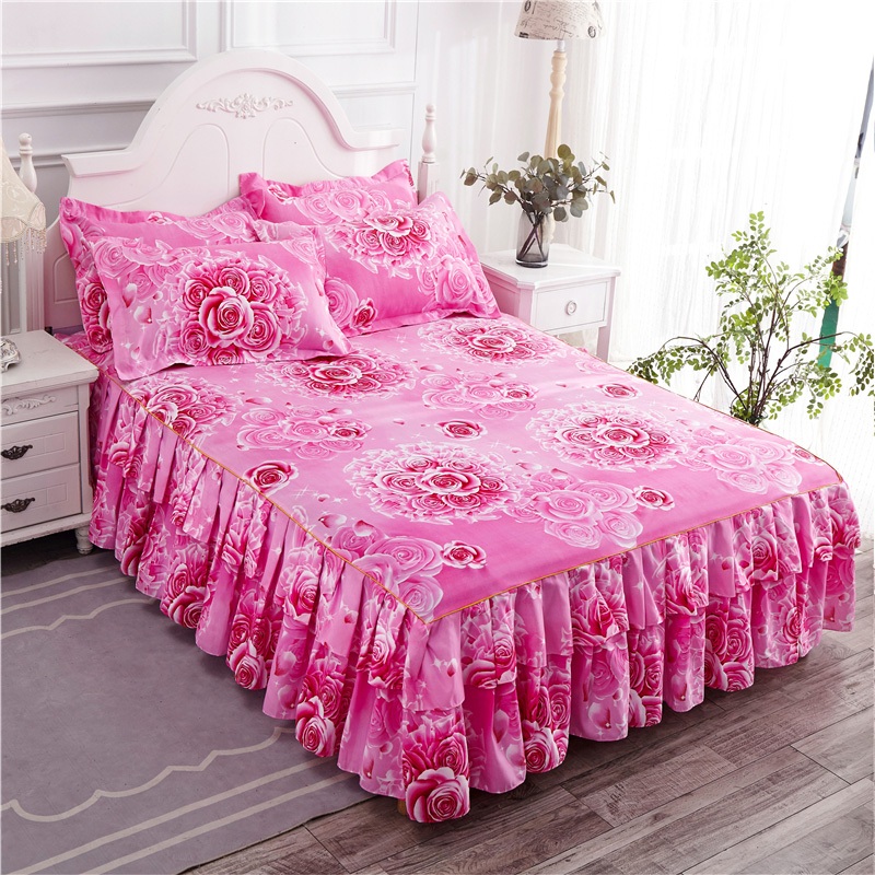 DANSUNREVE 3in1 Bedsheet Set Flower Double Layer Garter Bed Skirt Cover ...