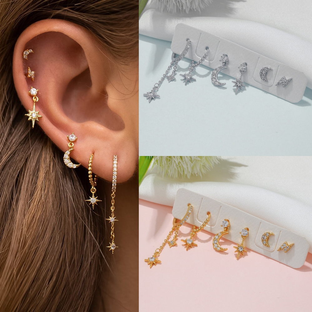 6Pcs Earring Set Star Moon Drop Hoop Earrings Lightning Stud ...