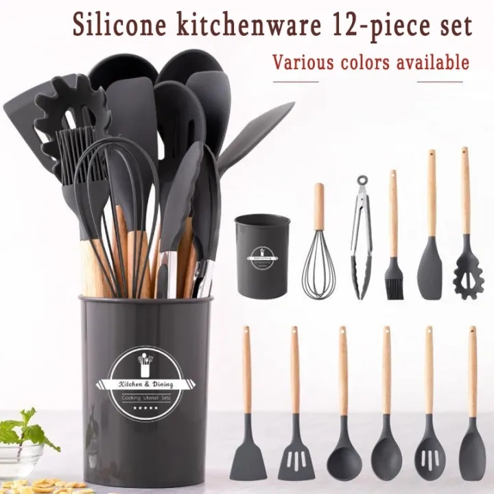 12PCS Silicone Kitchen Utensils Wooden Handle Cooking Set Heat ...