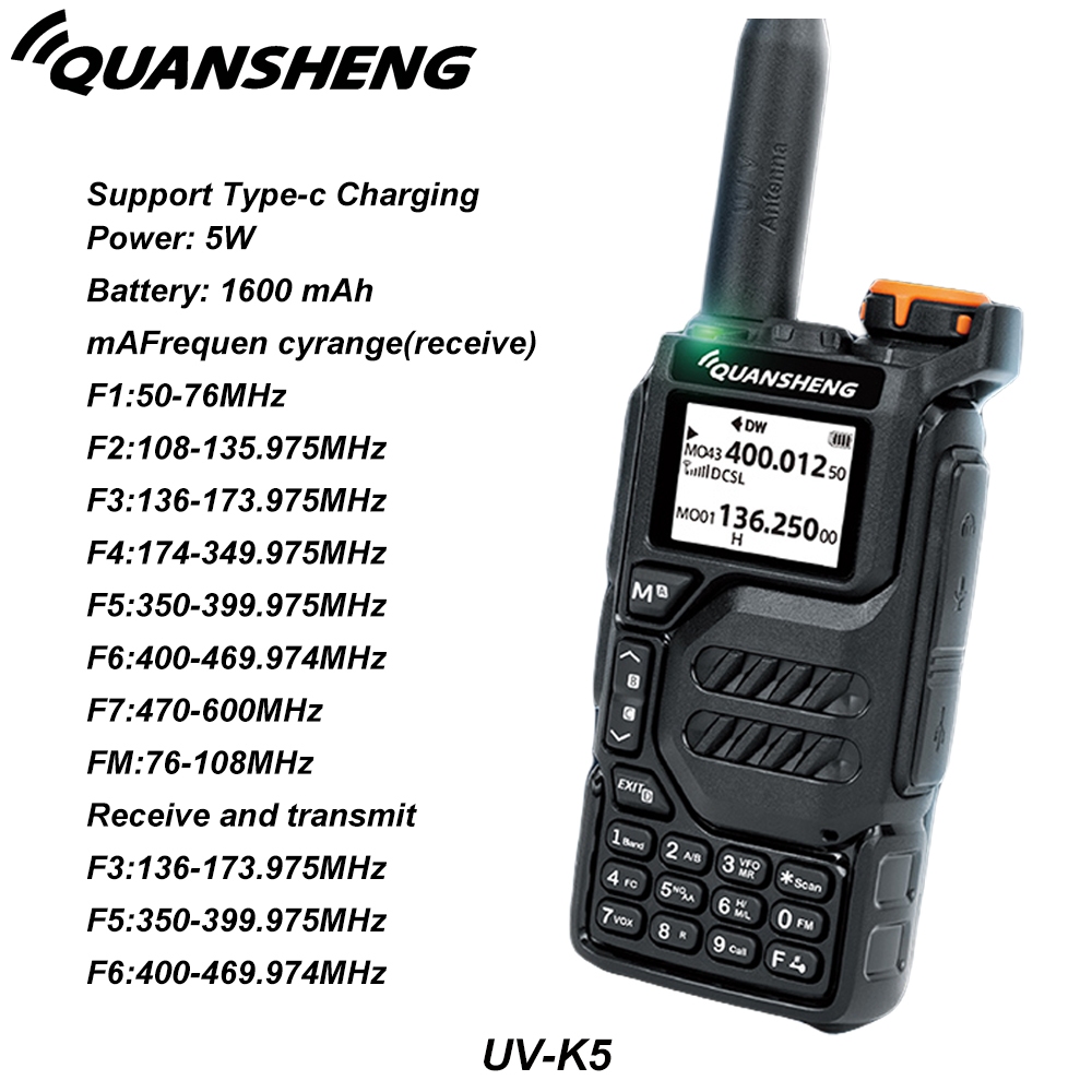 Quansheng UV-K5 Walkie Talkie AM/FM UHF/VHF 5W 200 CH Two Way Radio ...