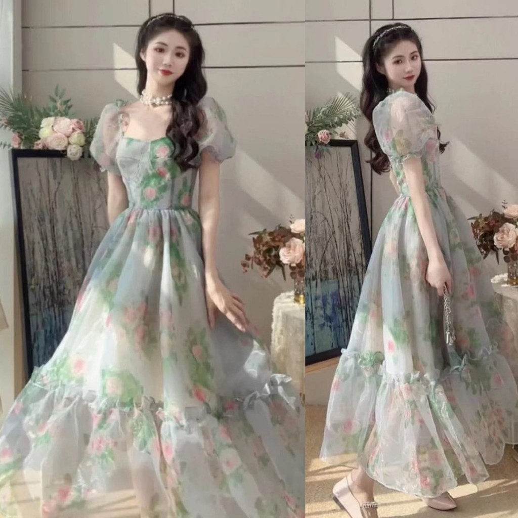 Dress Women New Fairy Sweet Fragmented Flower Kikyo Puff Sleeve ...