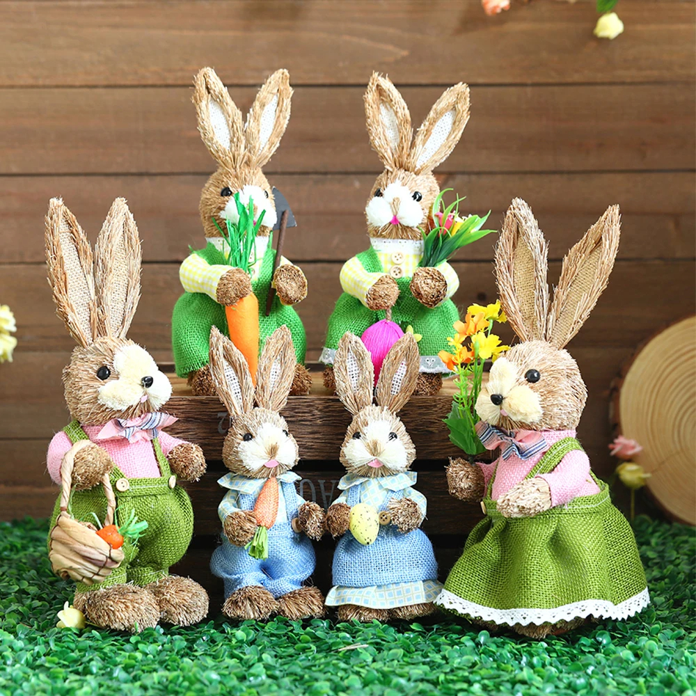 Cute Straw Rabbit Stand Bunny Carrot Egg Ornament Easter Party Home ...